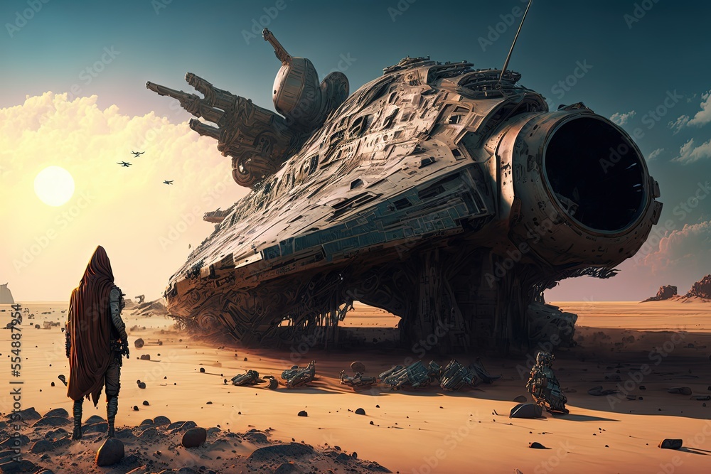 Generative Ai, Cyberpunk space ship wreck exterior,Sci fi scene image ...