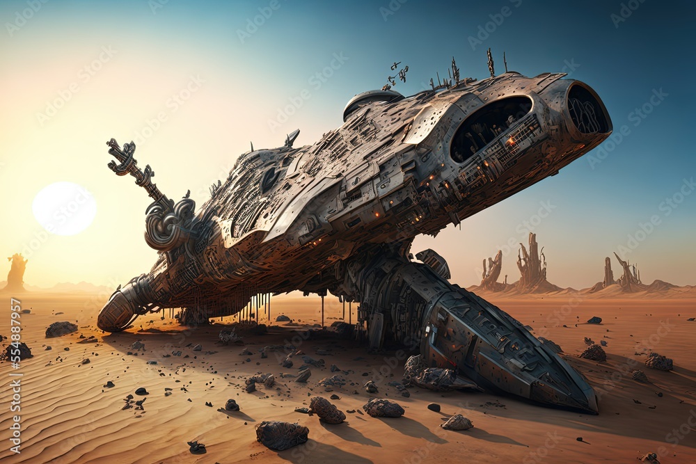 Generative Ai, Cyberpunk space ship wreck exterior,Sci fi scene image ...