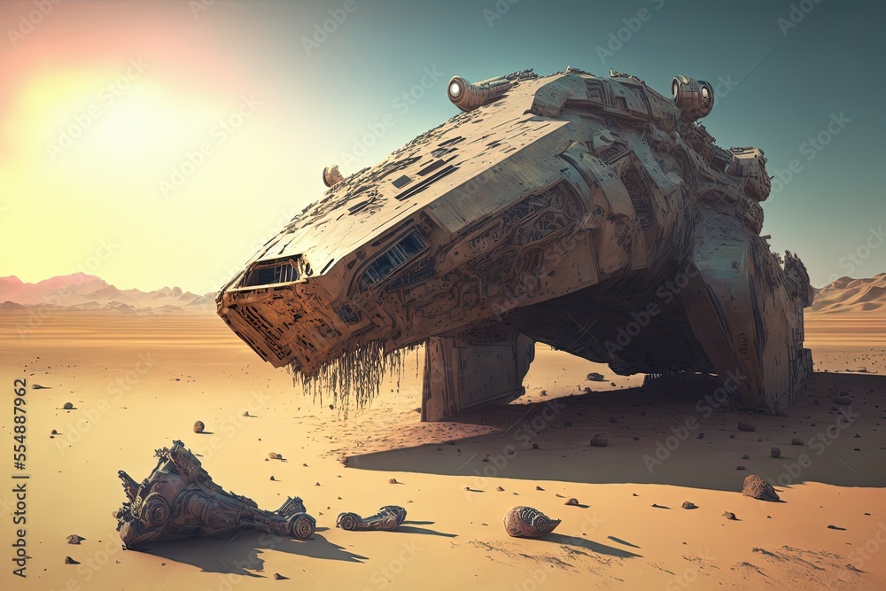 Generative Ai, Cyberpunk space ship wreck exterior,Sci fi scene image ...