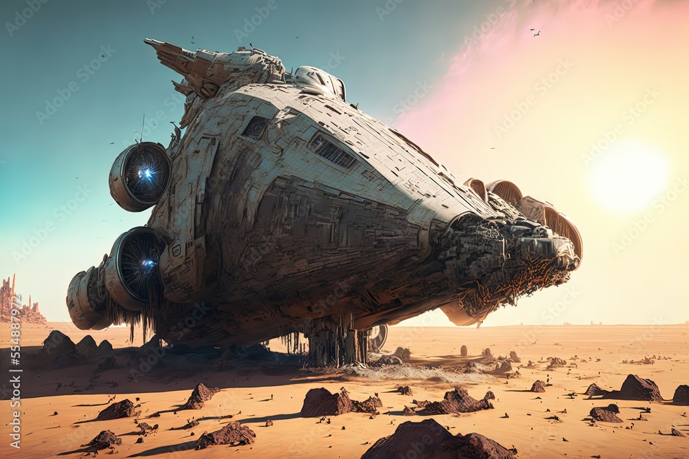 Generative Ai, Cyberpunk space ship wreck exterior,Sci fi scene image ...