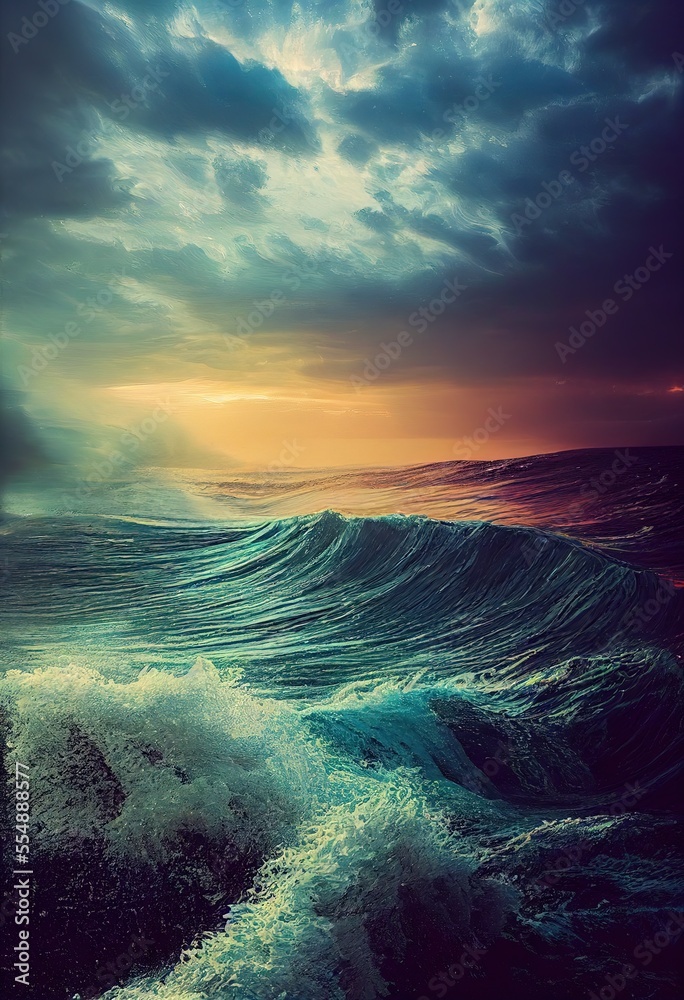 Beautiful powerful ocean waves on sunset. Coloring sunrise. Splashing ...