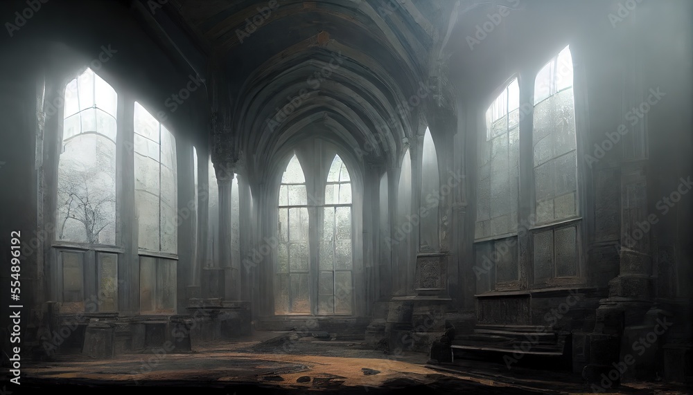 Foggy hall interior in gothic ancient chapel with tall windows and ...