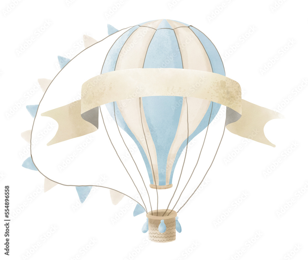 Blue hot air Balloon with ribbon for text. Watercolor illustration for ...