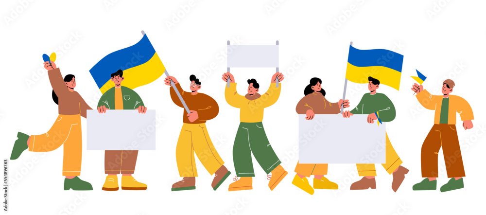 Protest demonstration against war with people holding Ukrainian flags ...