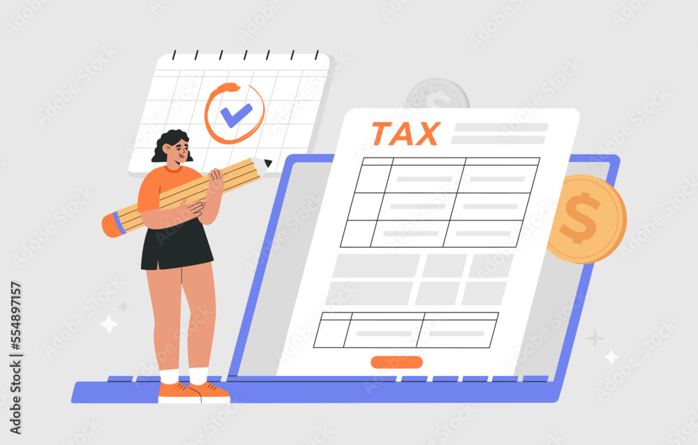 Girl filling tax form on computer screen, calendar show pay deadline ...