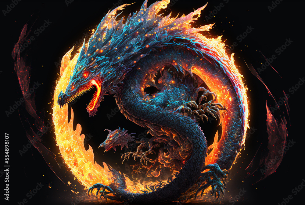dragon on fire, magic creature with tail and wings Stock Illustration ...