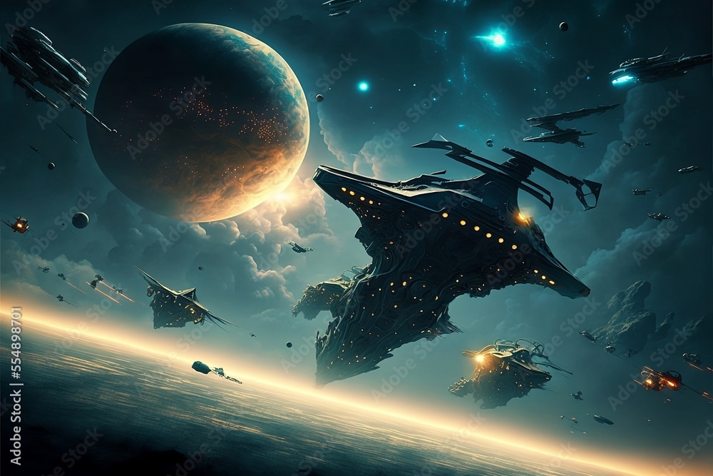 Large alien space battle featuring large spaceships and alien planets ...