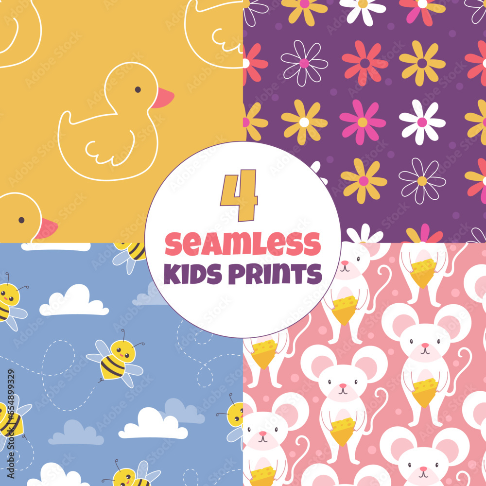 Cute kids style patterns set with bee, flower, mice, clouds and yellow ...