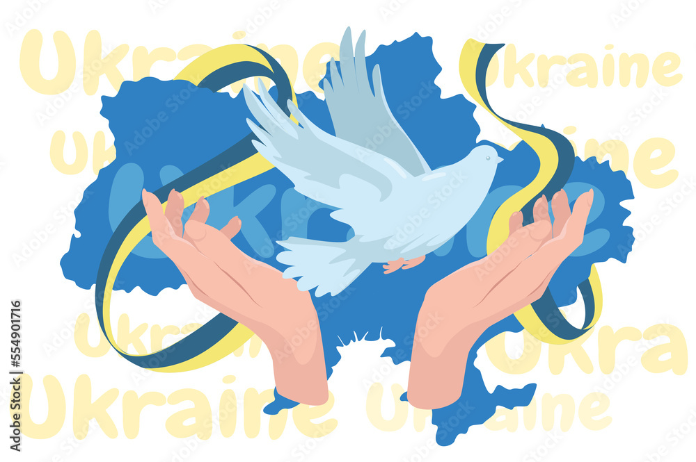 I Support Ukraine poster isolated concept background. Flying peace dove ...