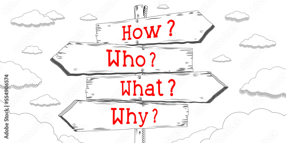 How, who, what, why - outline signpost with four arrows Stock ...