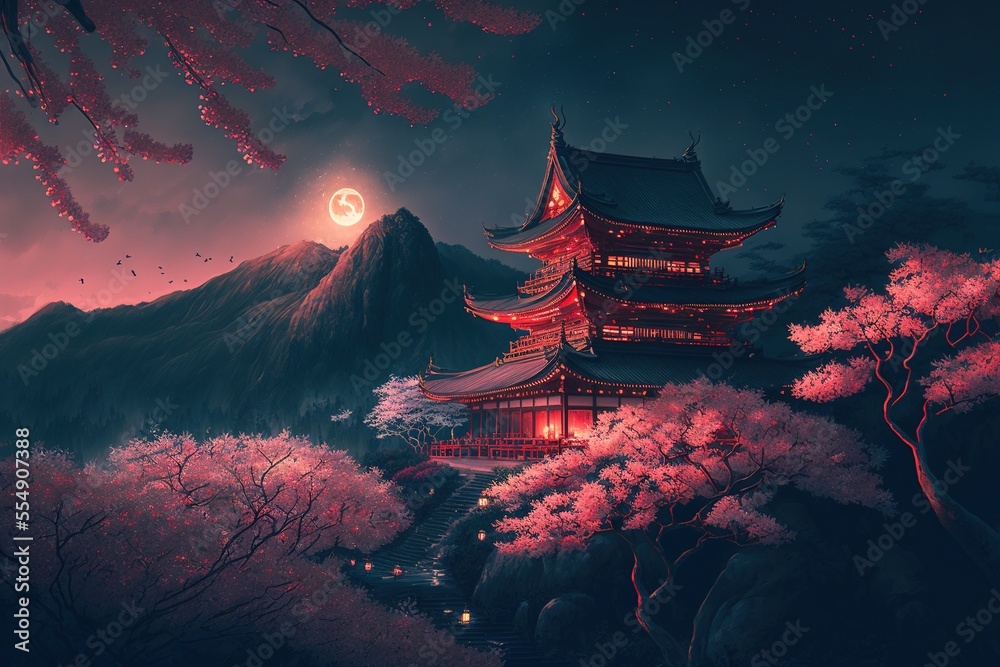 Colorful Chinese temple on a mountain with pink cherry blossom trees at ...