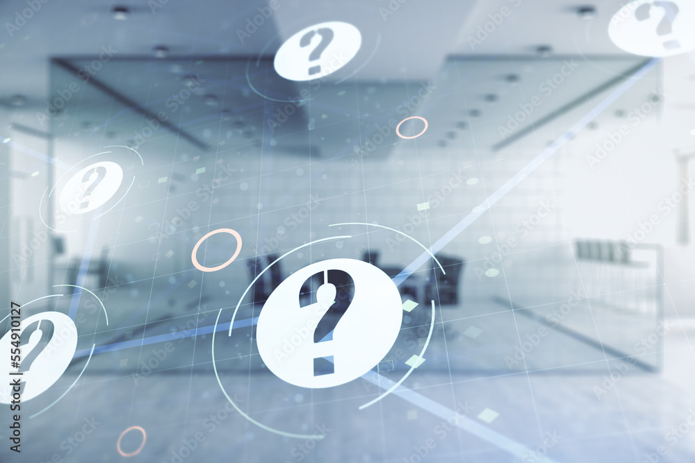 Abstract virtual question mark hologram on a modern furnished classroom ...