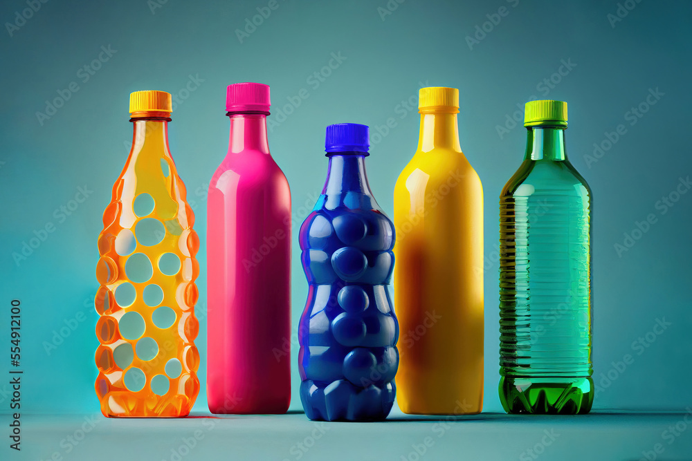 Still life of different colored plastic bottles. Generative AI Stock ...