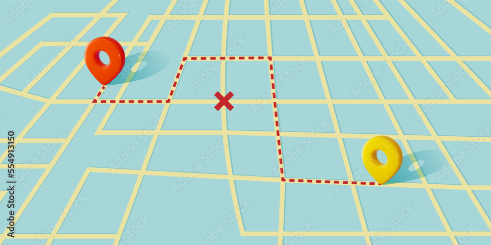 Locator marks on city map show route start and destination witn line ...