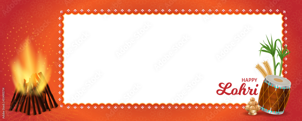 Traditional Happy Lohri Horizontal background design. Dhol, Bamboo ...