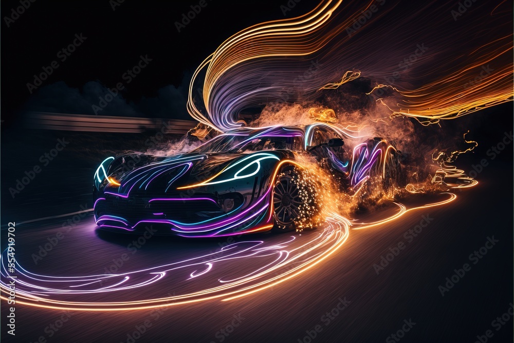 a car with a lot of lights on it driving down a road at night with a ...