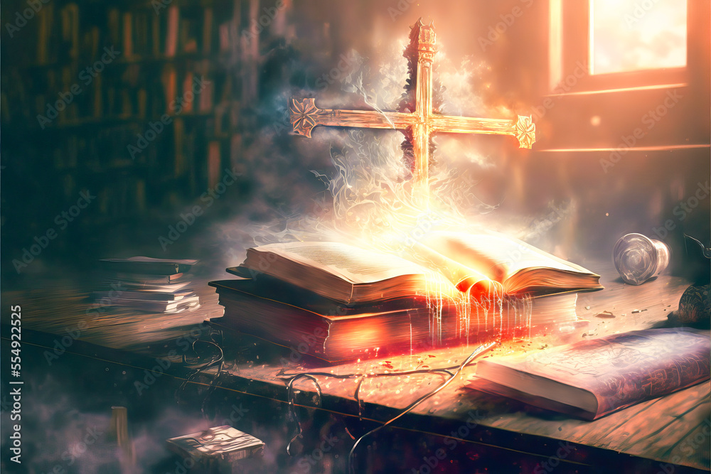 Mystical Christian cross over the Bible, warm and ancient atmosphere ...