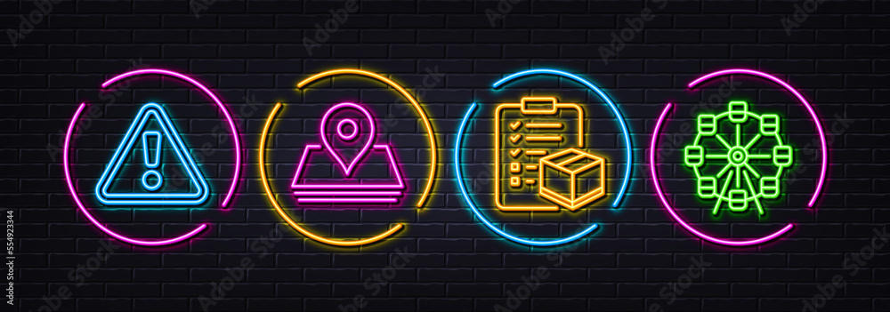 Parcel checklist, Warning and Pin minimal line icons. Neon laser 3d ...