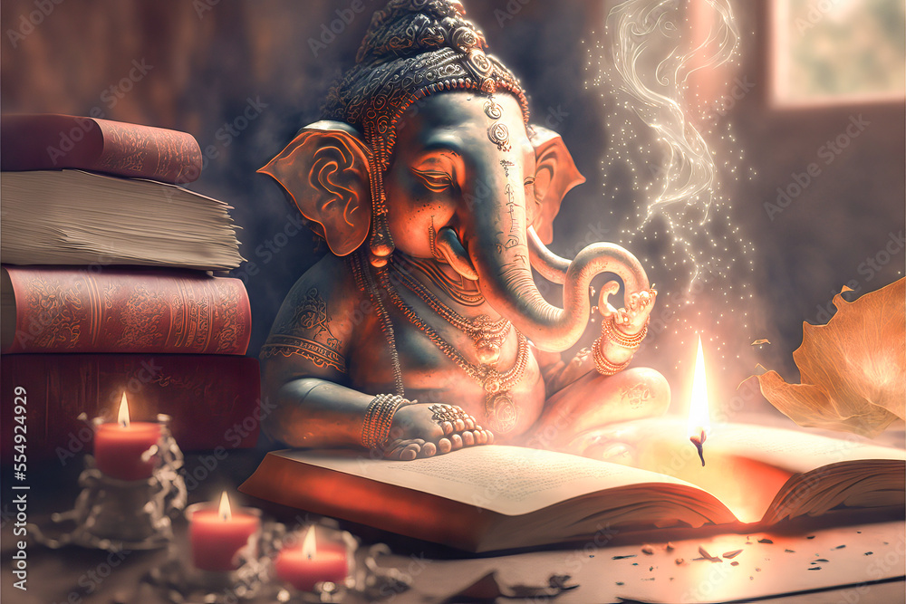 Ganesh, a Hindu deity, mysteriously appears above a sacred book in an ...