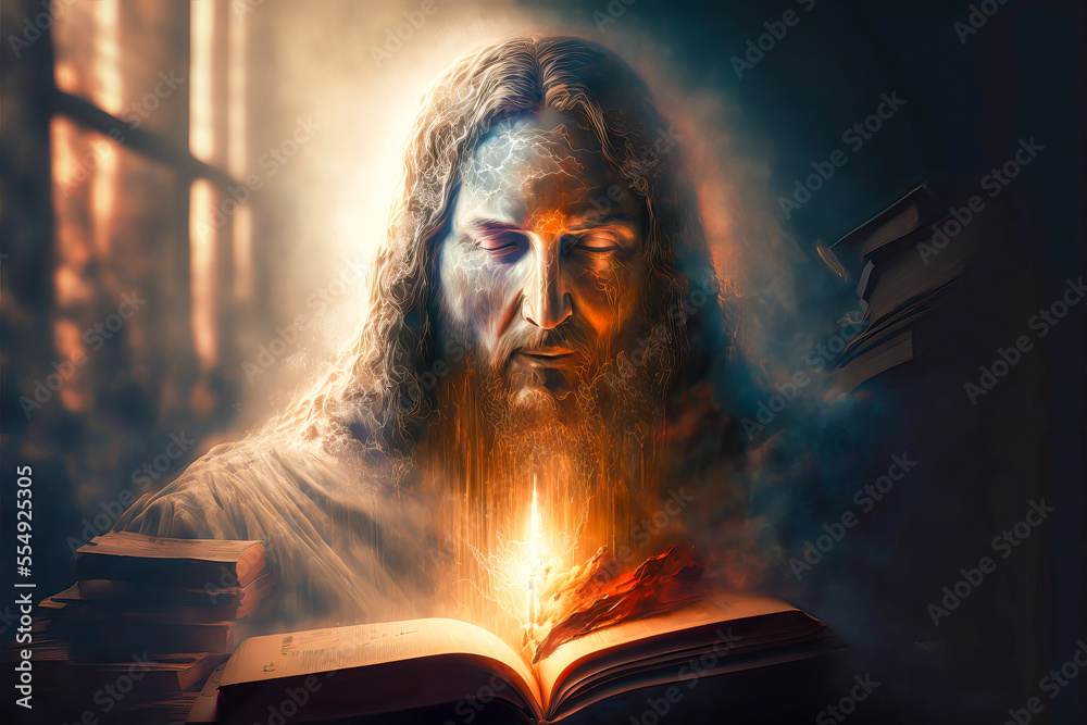 Jesus Christ depicted in an antique library, radiating faith, reverence ...
