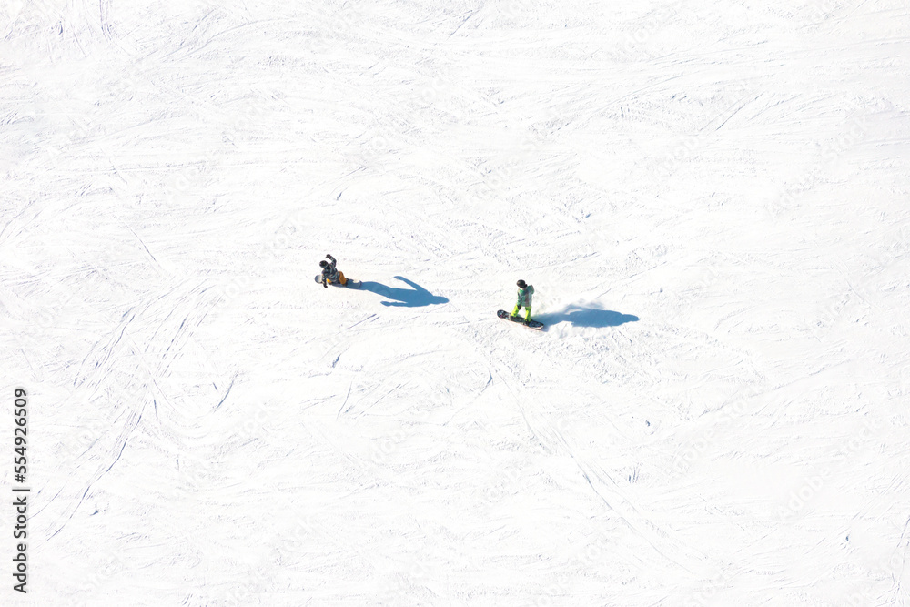 Ski resort. An aerial view of the snowboarding team. Winter sports ...