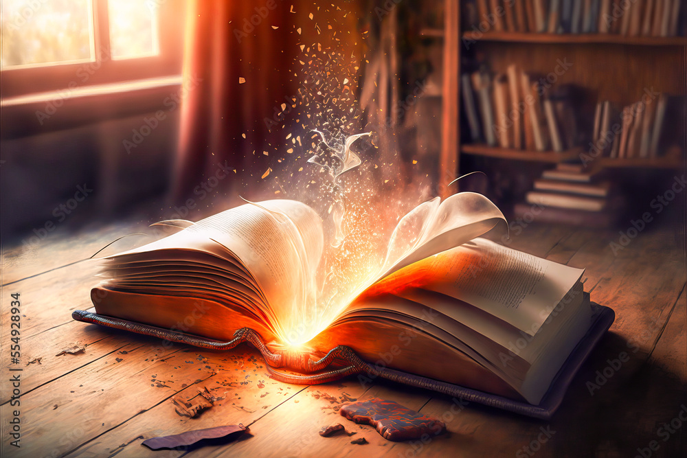 An ancient grimoire with magical spells, illustrated with sparks and ...