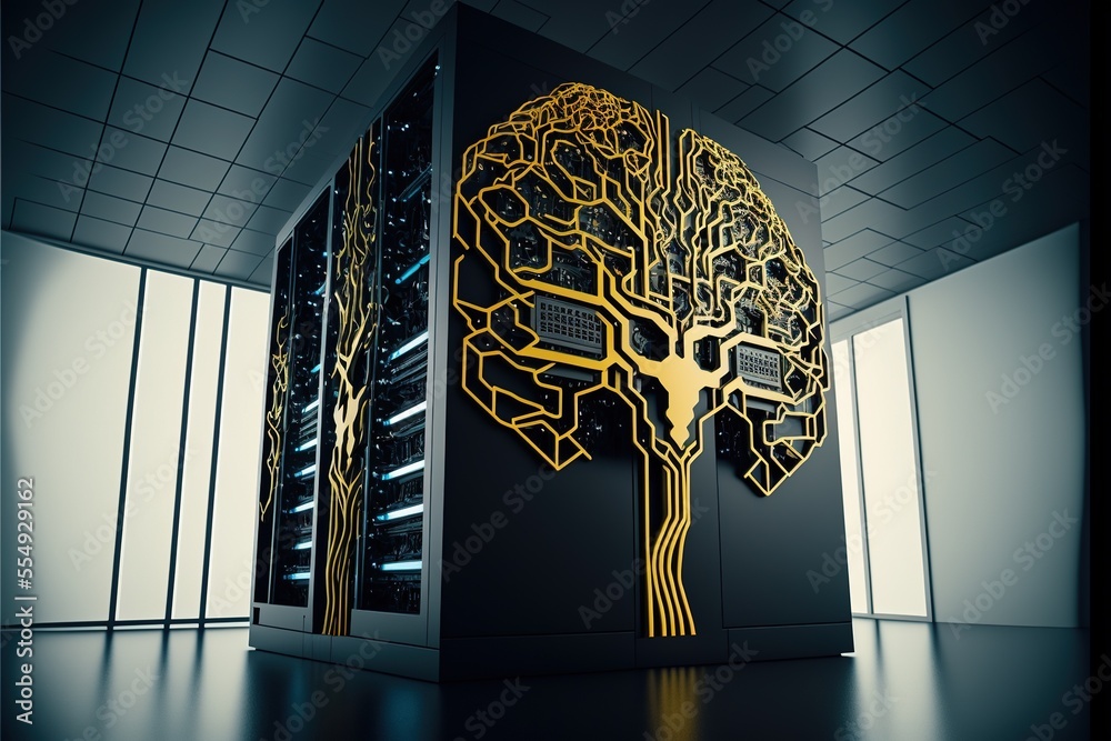 Artificial Intelligence server room with a virtual brain in the center ...