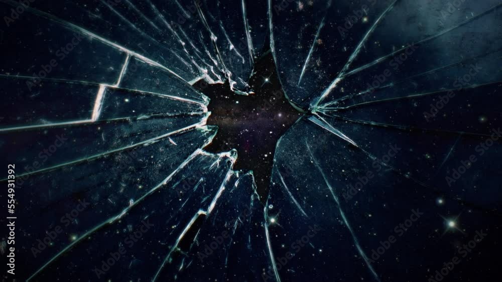 Deep Starry Space Shattered Glass Zoom In Crack. Broken glass shows ...