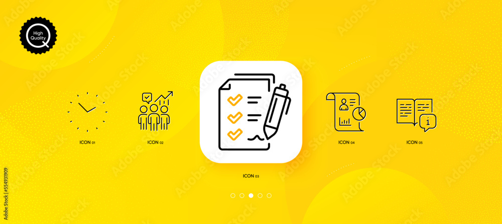 Survey checklist, Time and Report minimal line icons. Yellow abstract ...