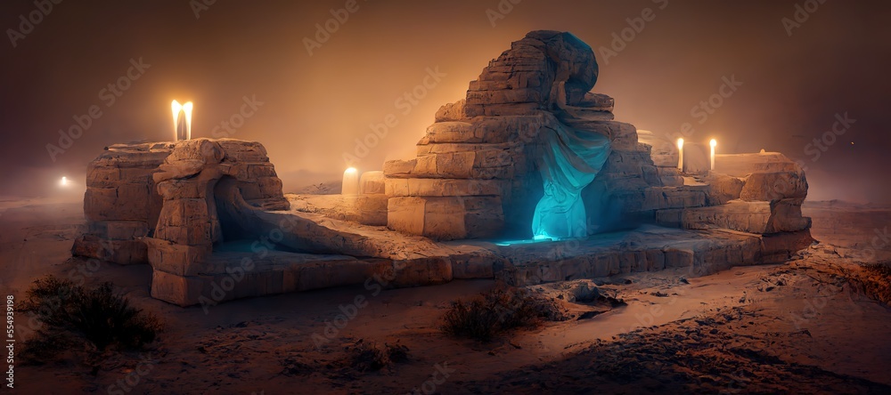 Starry sky with full moon. Black shadows, water, golden sand ...