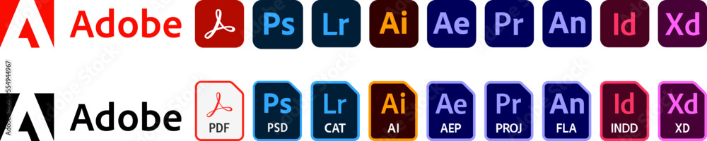 Adobe Products file logo set. Acrobat DC, PDF, Photoshop, Lightroom, Illustrator, After Effects ...