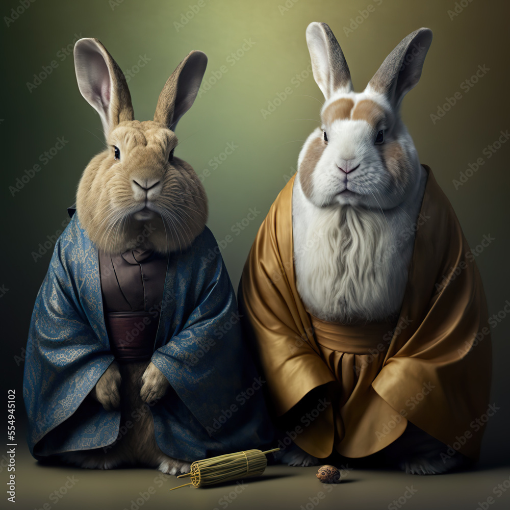 Two rabbits dressed in traditional clothing in front of simple olive ...