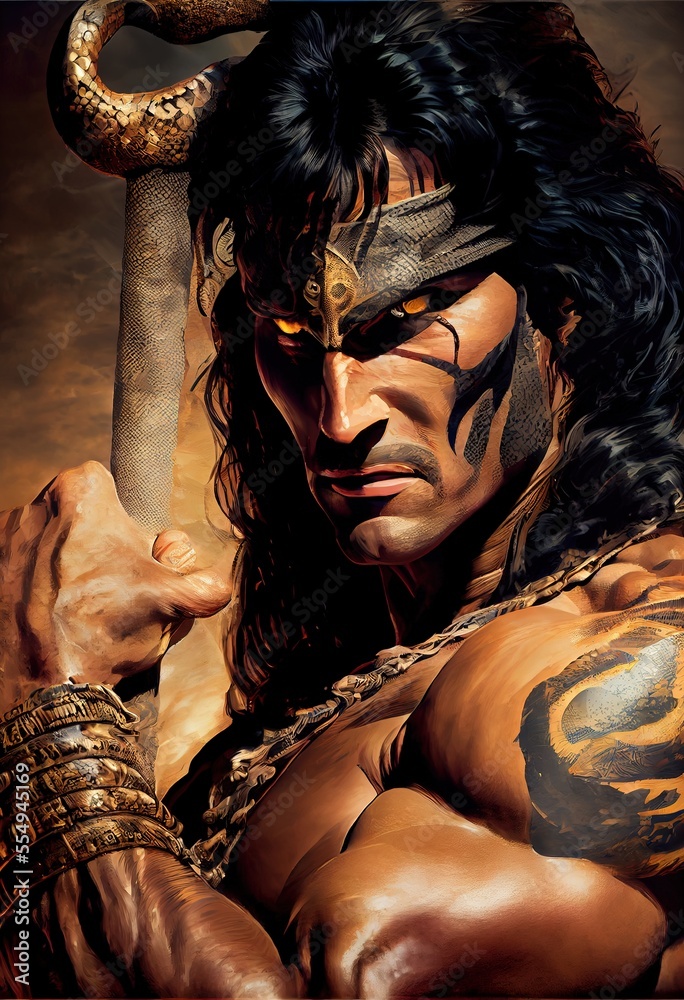 Portrait of an ancient barbarian warrior in a fighting pose. The ...