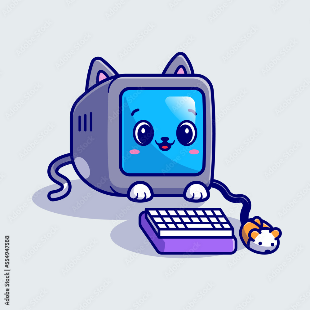 Cute Cat Computer With Mouse Cartoon Vector Icon Illustration. Animal ...