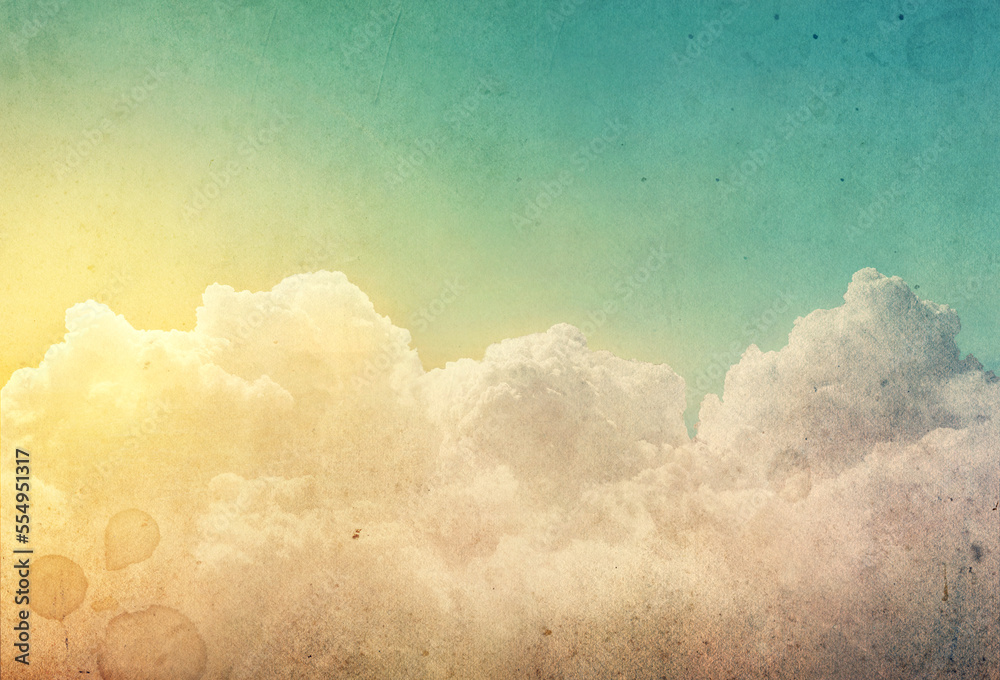 Sky with clouds vintage background. Overlay effect on old paper texture ...