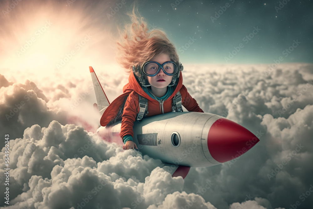 Kid flying in his space rocket, Generative AI illustration Stock ...