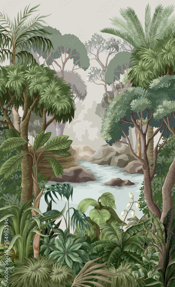Jungle landscape with trees and plants. Vector interior print Stock ...