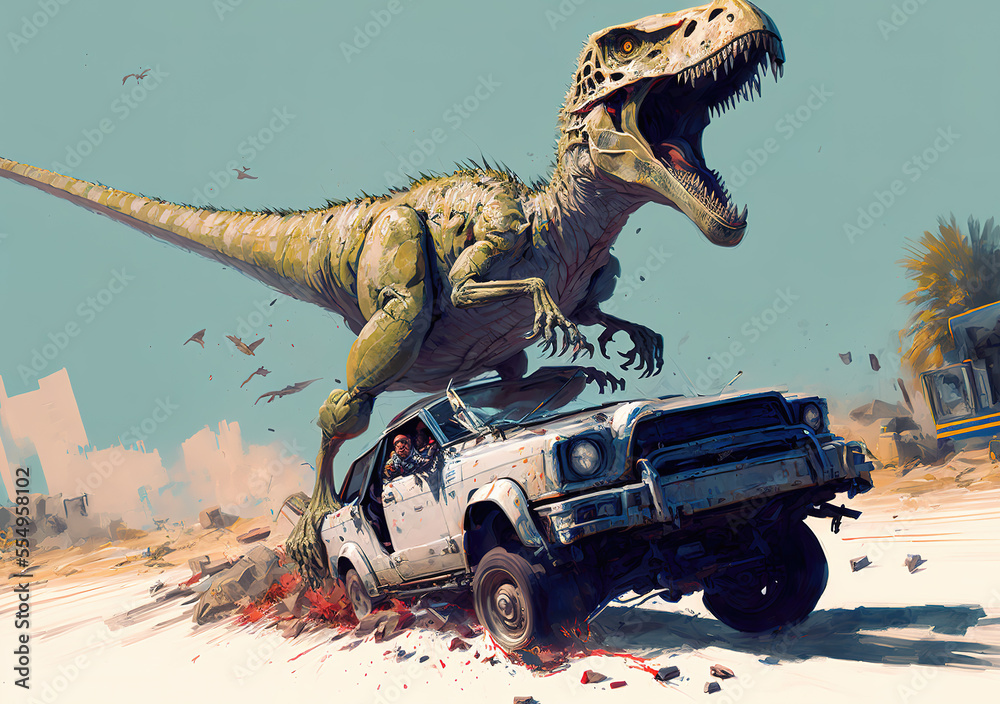 a futuristic mutant raptor is destroying a car, dangerous poster ...