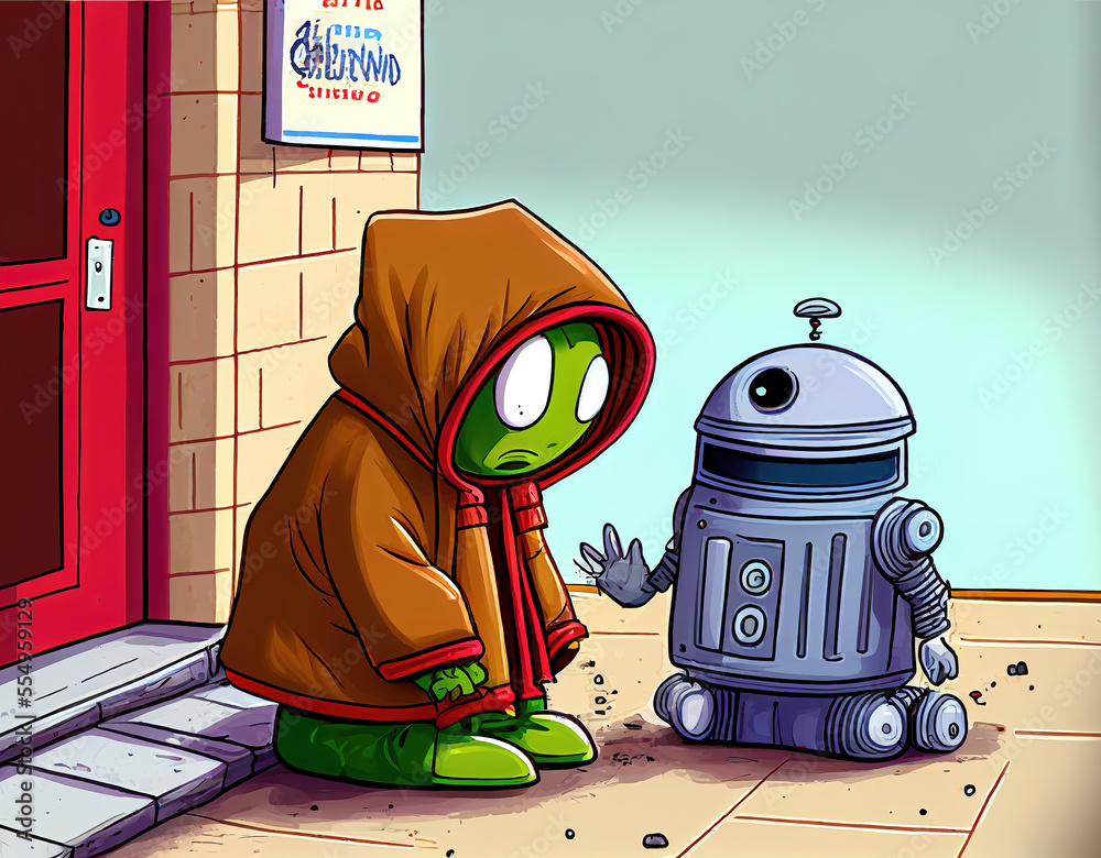 hopeless homeless alien and roboter are talking together, no future for ...