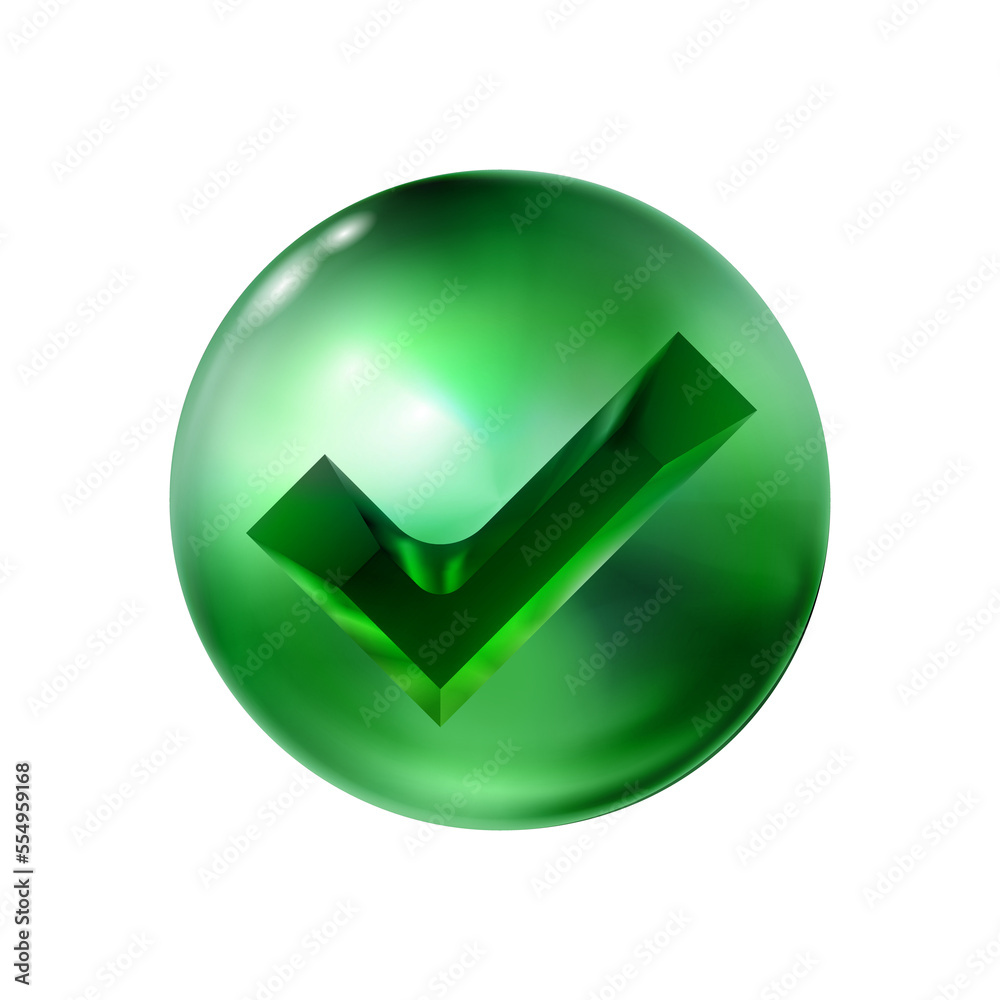 Tick sign glossy realistic, green checkmark. Plastic 3d toy. Icon ...