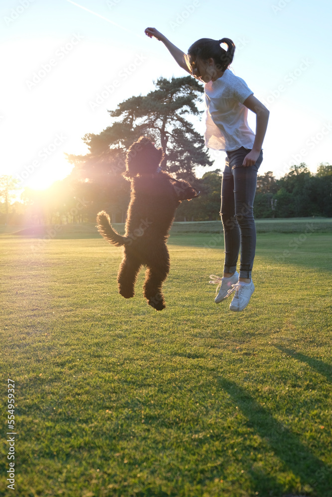A teenage girl jumping in tandem with her dog on a sunlit day. Stock ...