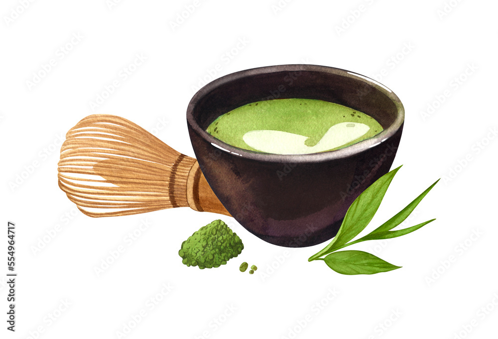 Watercolor organic green Japanese matcha latte in black cup, whisk and dry leafs. Hand drawn ...