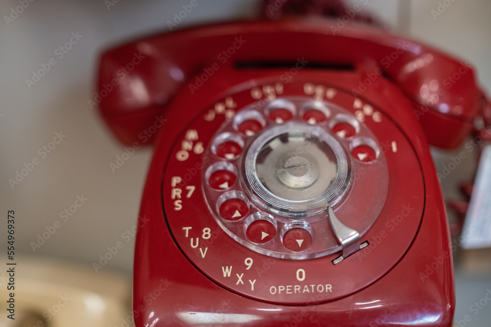 Vintage telephone. Red 60s rotary dial phone. Antique vintage analog ...