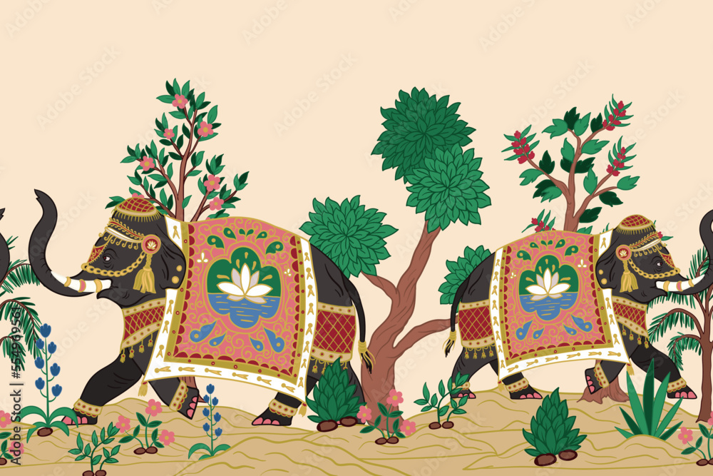 Border with Indian elephants and decorative elements. Vector. Stock ...