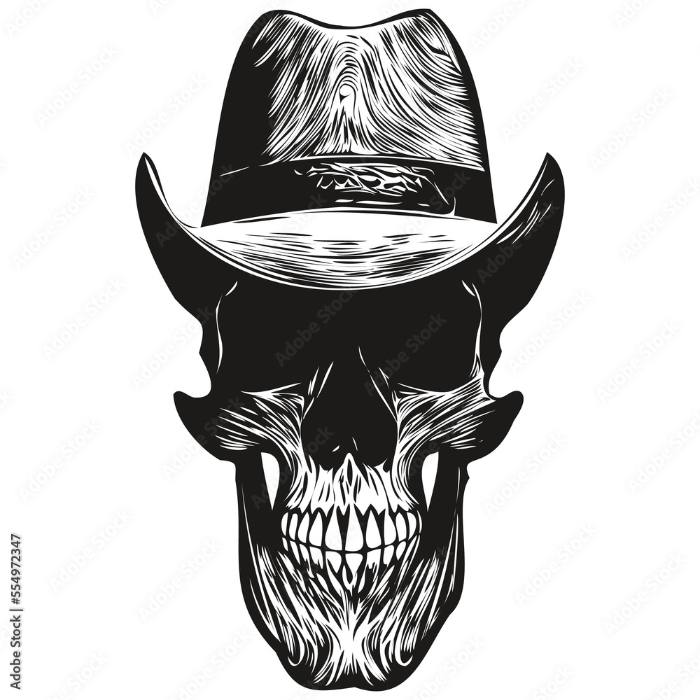 cowboy skulls hand drawing, skeleton skull with cowboy hat black and ...
