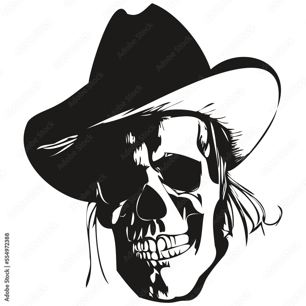 cowboy skulls hand drawing, skeleton skull with cowboy hat black and ...