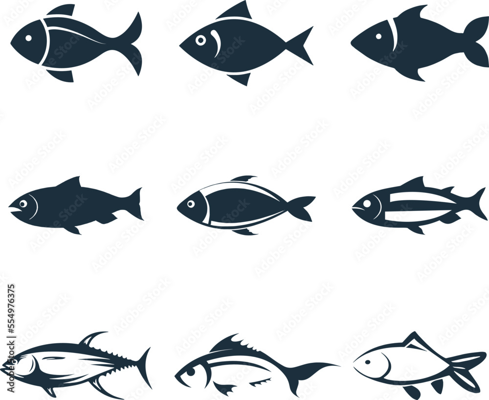 Fish vector set with a different kinds of underwater ocean fish, sea, seafood, set, sign ...