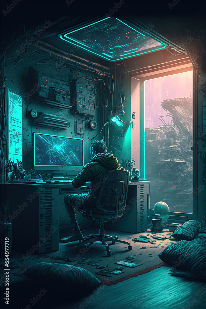 futuristic guy room in cyberpunk dystopia, concept art illustration ...
