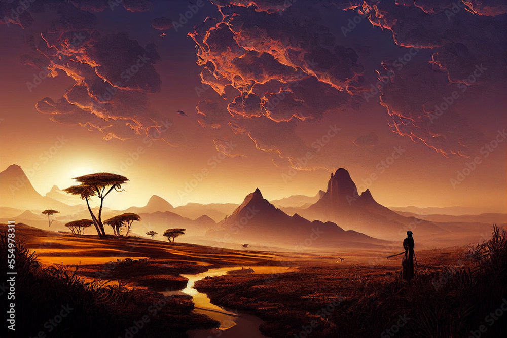 beautiful african safari landscape scenery at sunset, illustration ...
