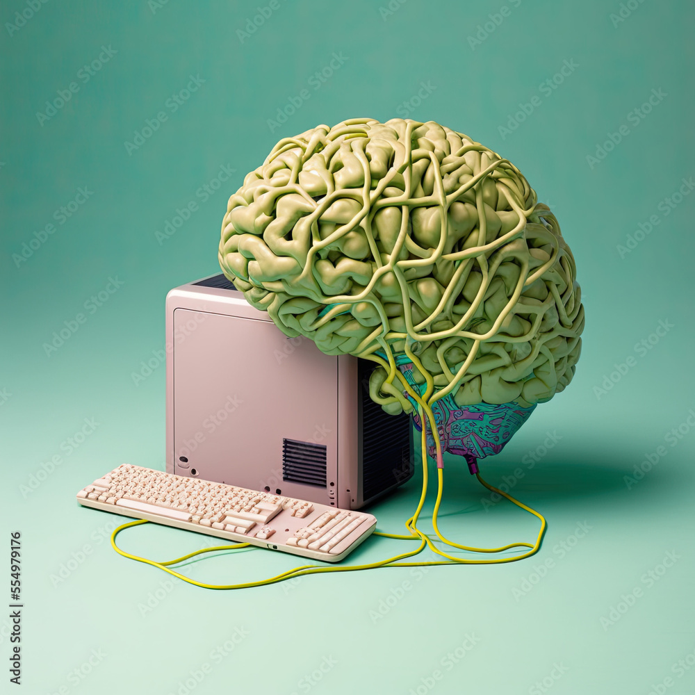 Plastic human brain conected to a computer o keyboard, artificial ...